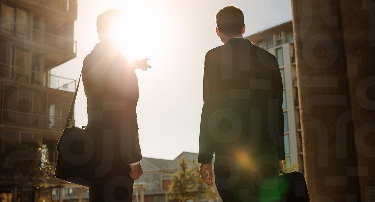 Businessman pointing towards something to colleague standing on street ...