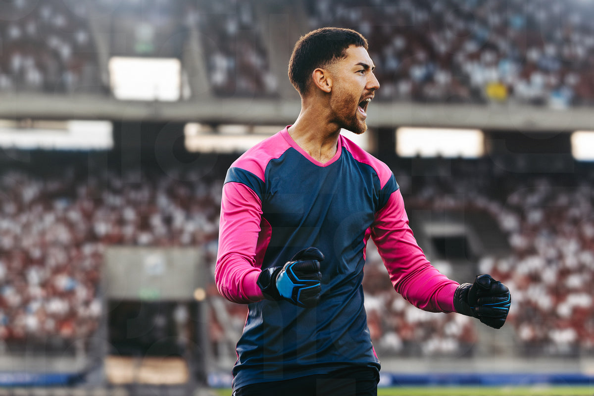 Goalkeeper yelling during professional football match at full stadium ...