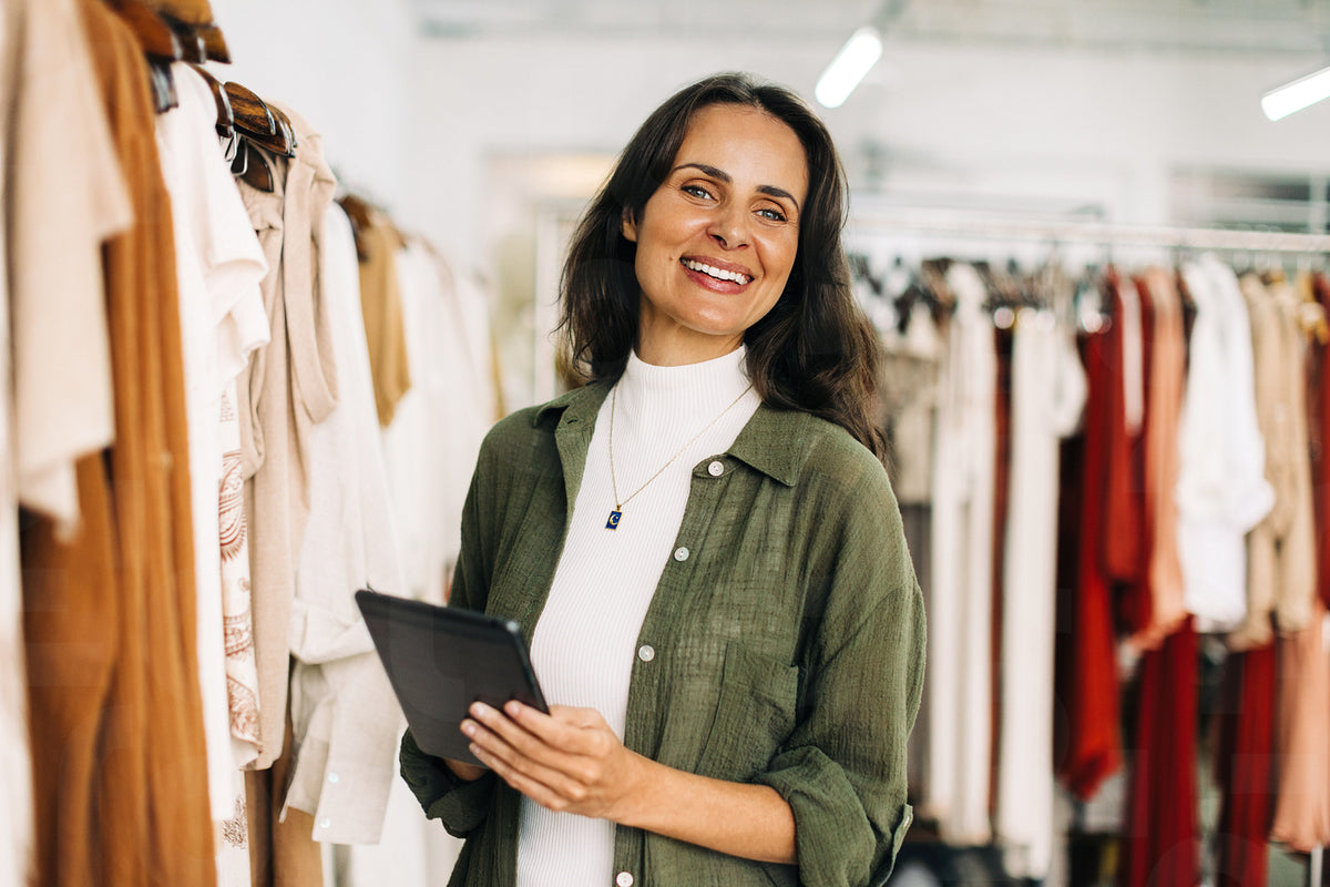 Happy boutique owner using a tablet to manager her shop – Jacob Lund ...